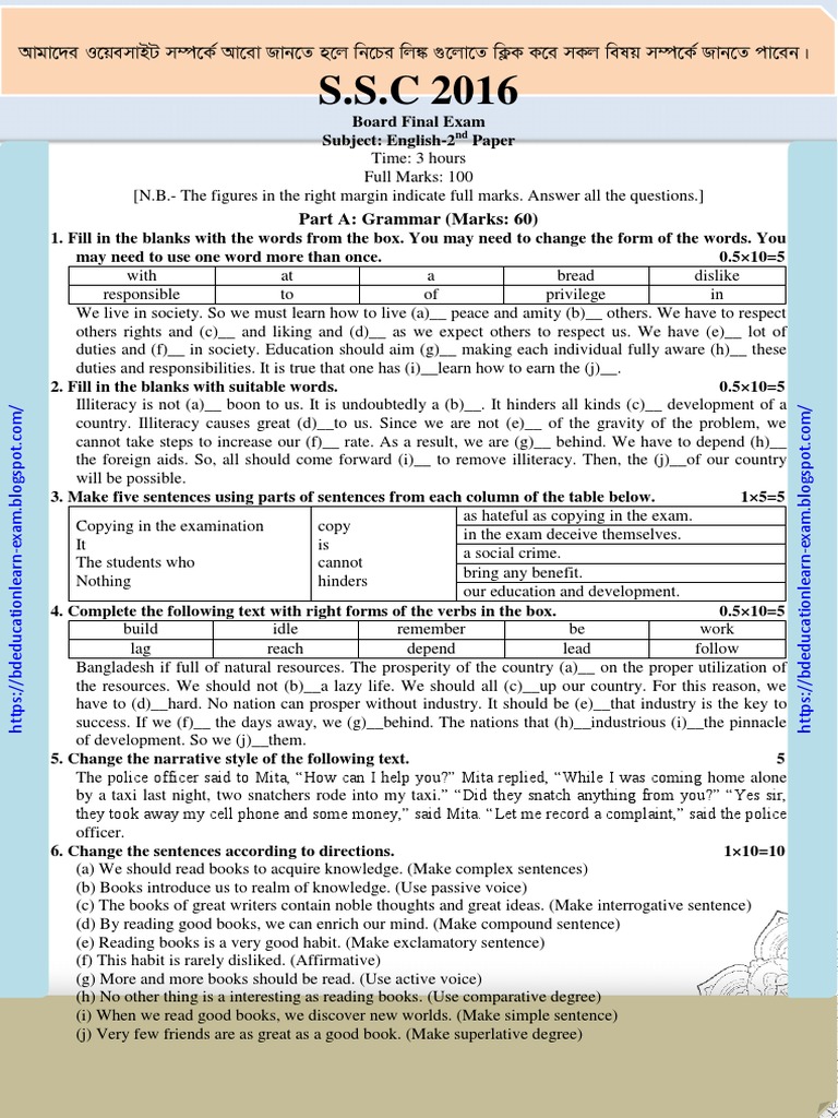 SSC 2016 Board Question (English 2nd Paper) | PDF | Linguistic ...