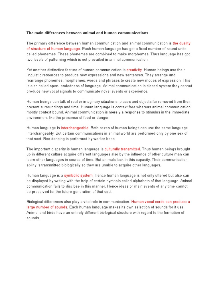 The Main Differences Between Animal and Human Communications | PDF
