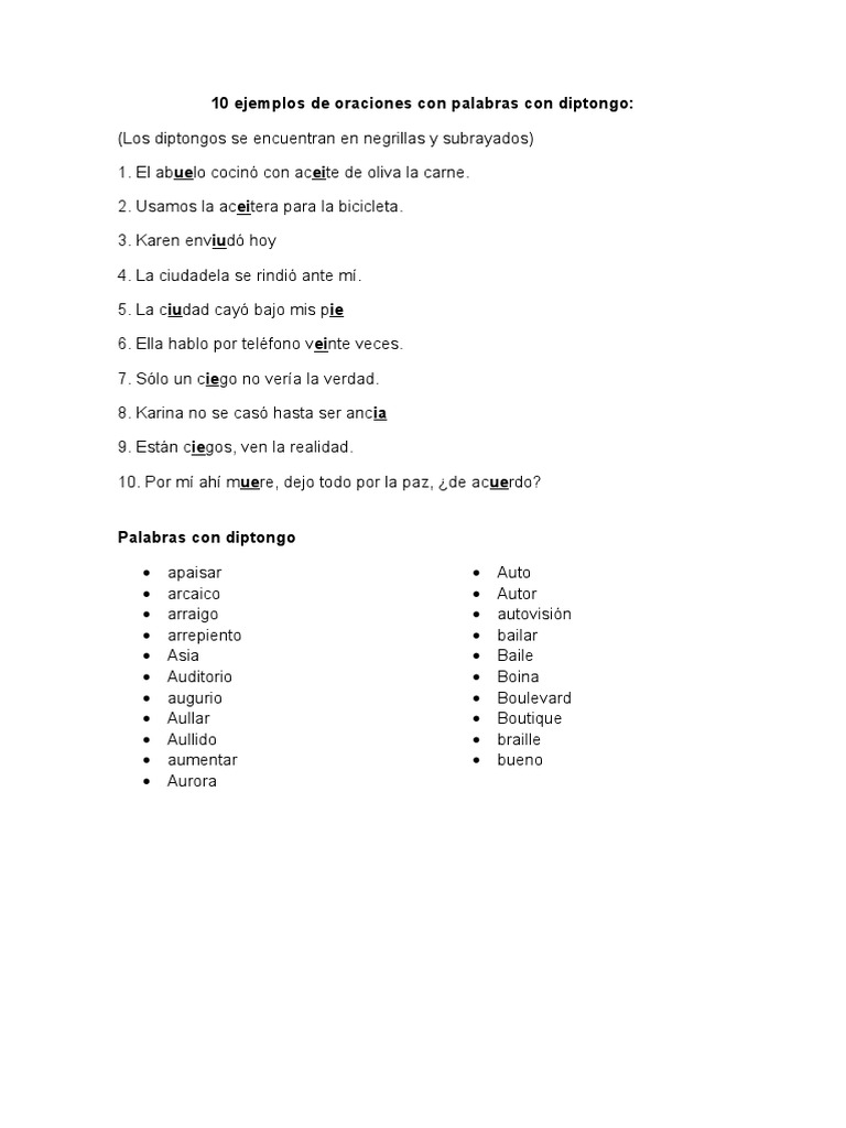 10 Ejemplos de Oraciones Con Palabras Con Diptongo | PDF