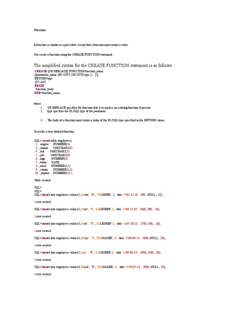 The Simplified Syntax For The CREATE FUNCTION Statement Is As Follows | PDF | Parameter ...