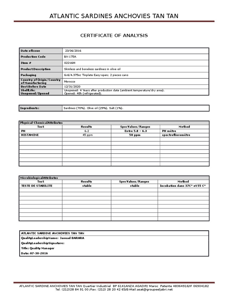Atlantic Sardines Anchovies Tan Tan: Certificate of Analysis | PDF