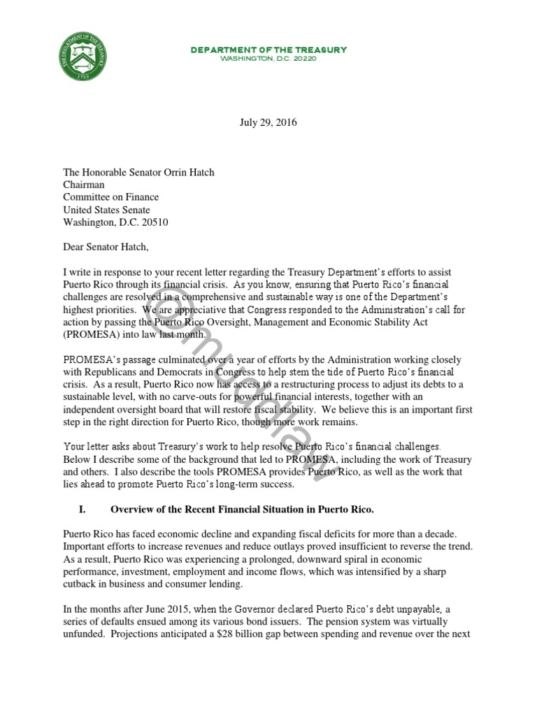 Treasury Letter - 7.29.16-Mudd | PDF | Puerto Rico | United States ...