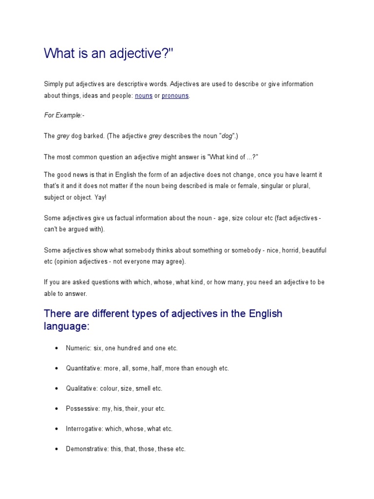Types of Adjectives Explained | PDF | Adjective | Noun