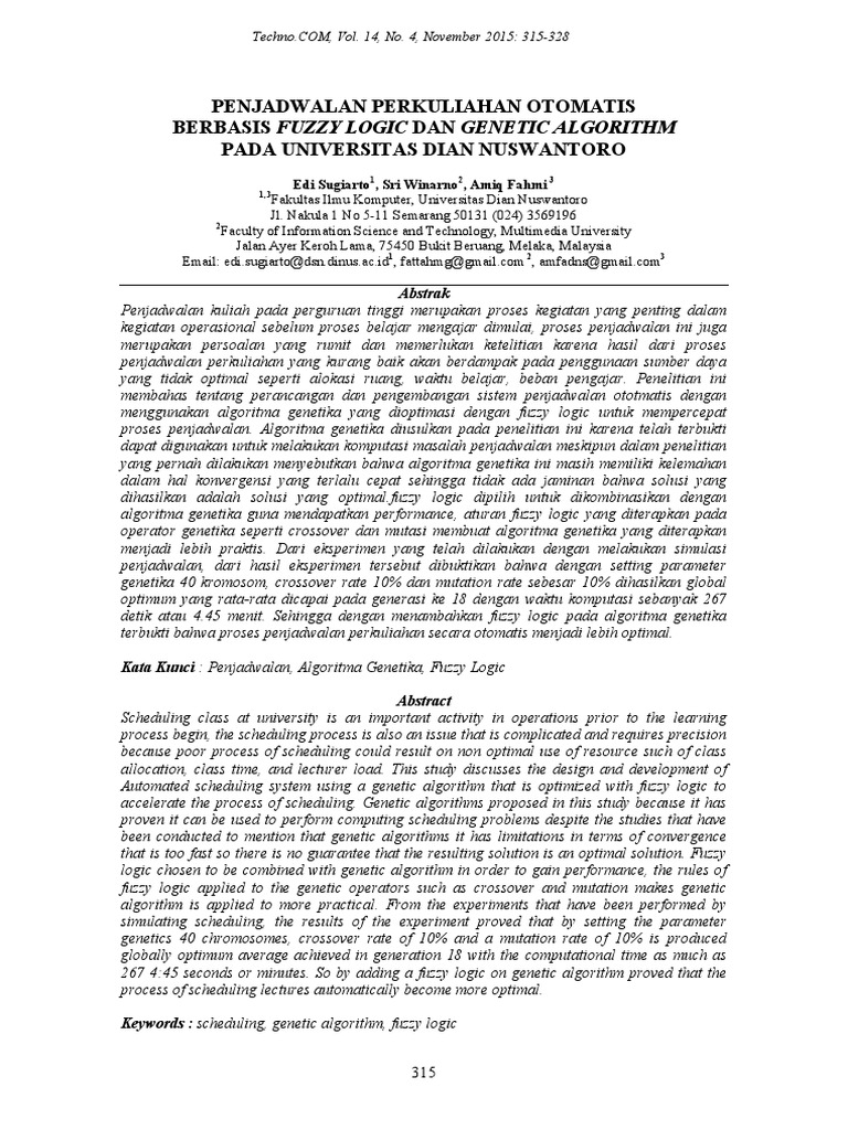 Penjadwalan Kuliah Otomatis dengan Fuzzy Logic dan Genetic Algorithm | PDF