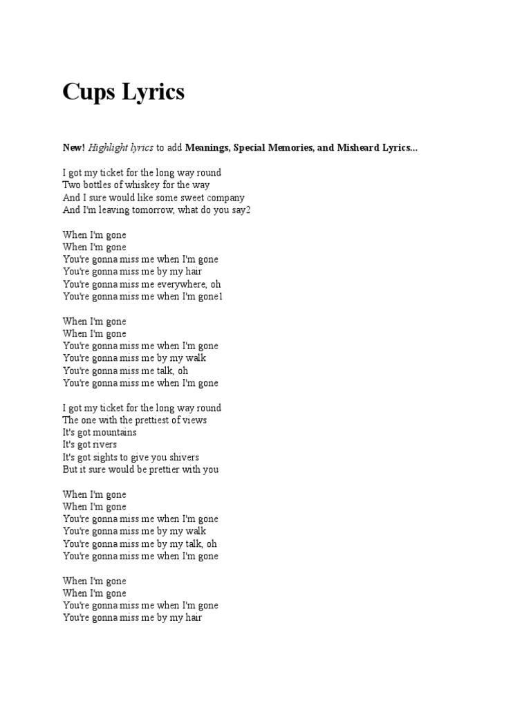 Cups Lyrics | PDF | Cooking, Food & Wine