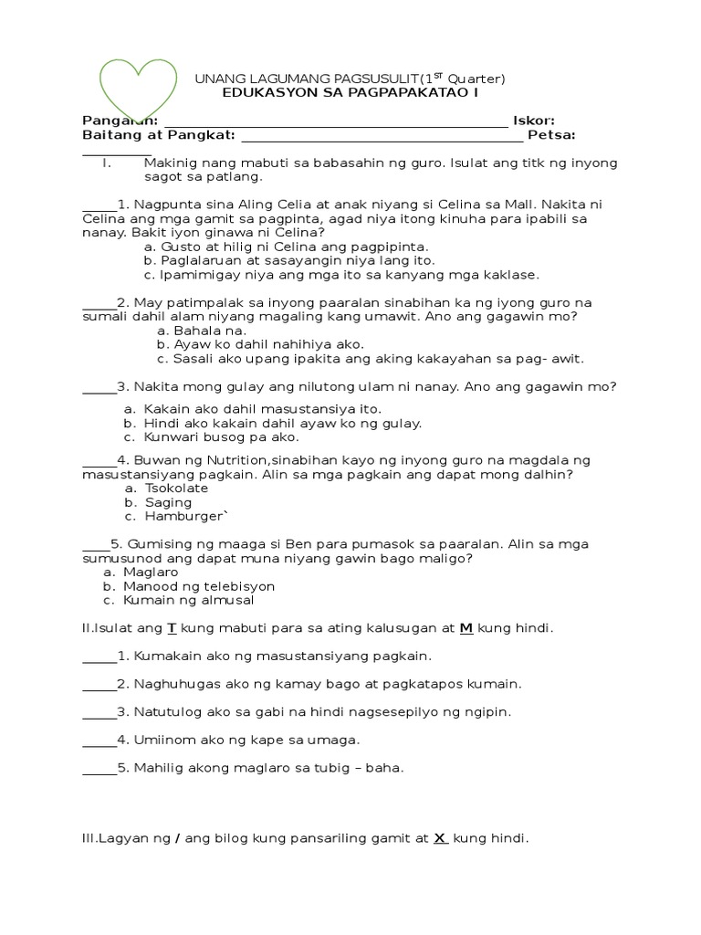 Unang Lagumang Pagsusulit Sa Esp