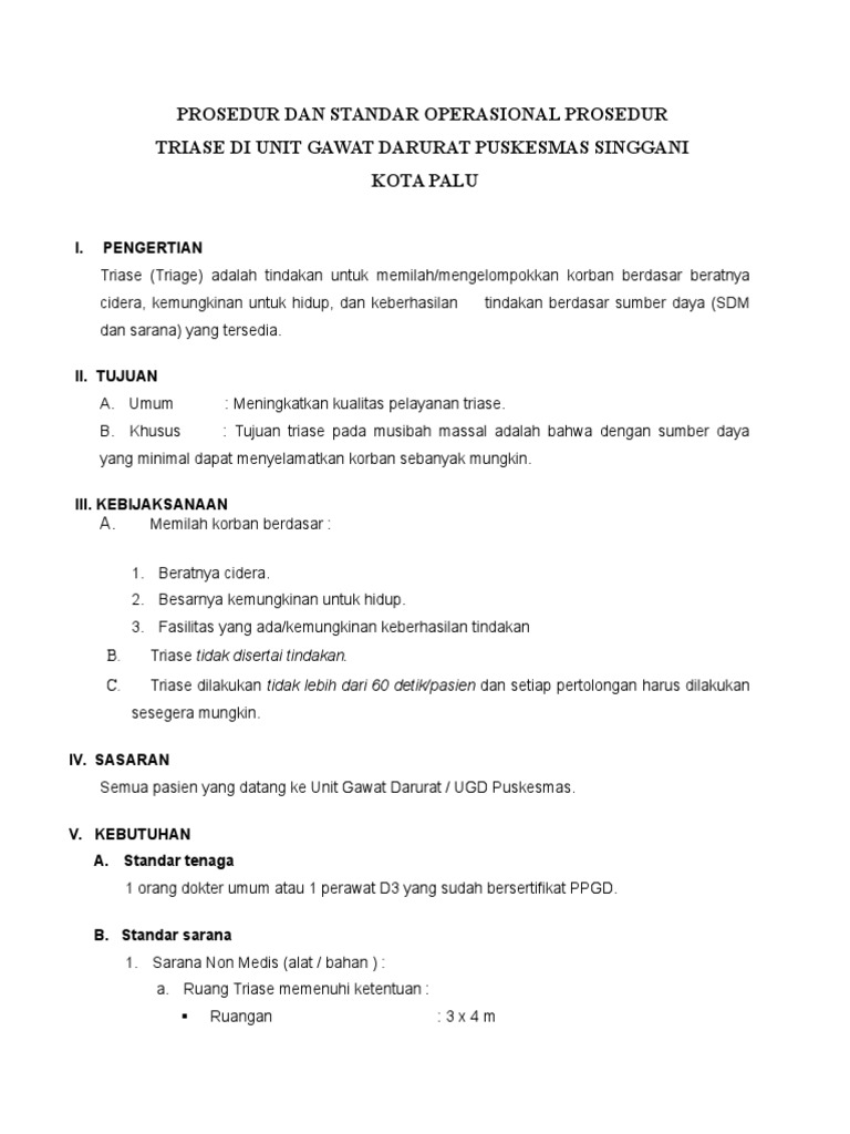 Protap Dan Sop Triase Igd Puskesmas Singgani Palu | PDF