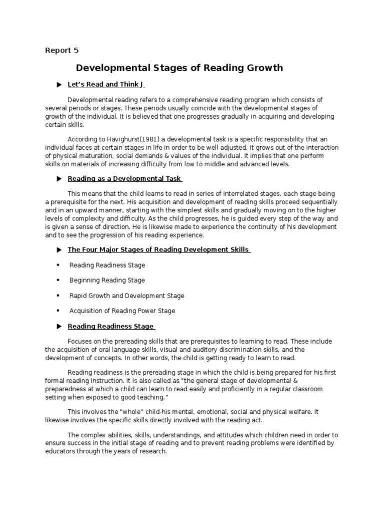 Developmental Stages of Reading Growth: Report 5 | PDF | Reading ...