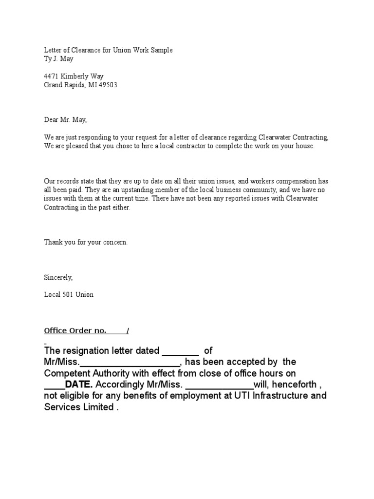 Letter of Clearance For Union Work Sample | PDF | Finance & Money ...