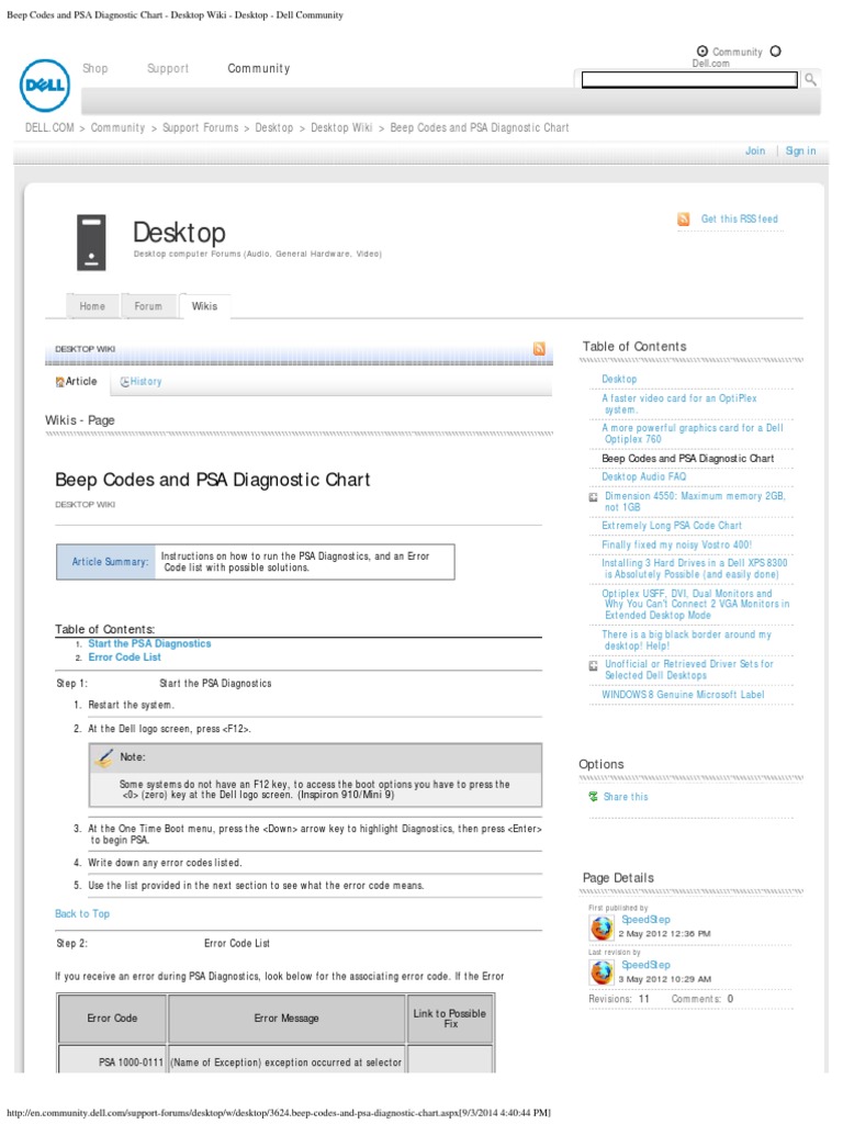 Beep Codes and PSA Diagnostic Chart - Desktop Wiki - Desktop - Dell ...