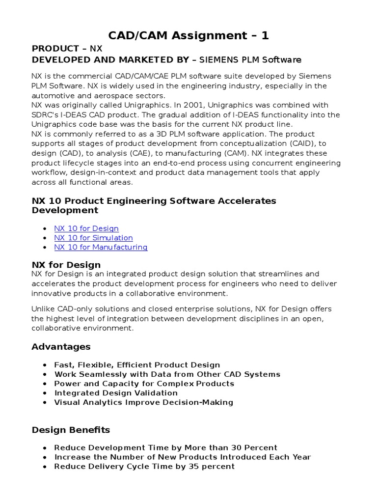 CAD/CAM Assignment - 1: Product - NX Developed and Marketed by - Siemens PLM Software | PDF
