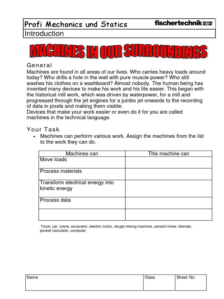 Arbeitsblatt Mechanic Static Englisch | PDF | Transmission (Mechanics ...