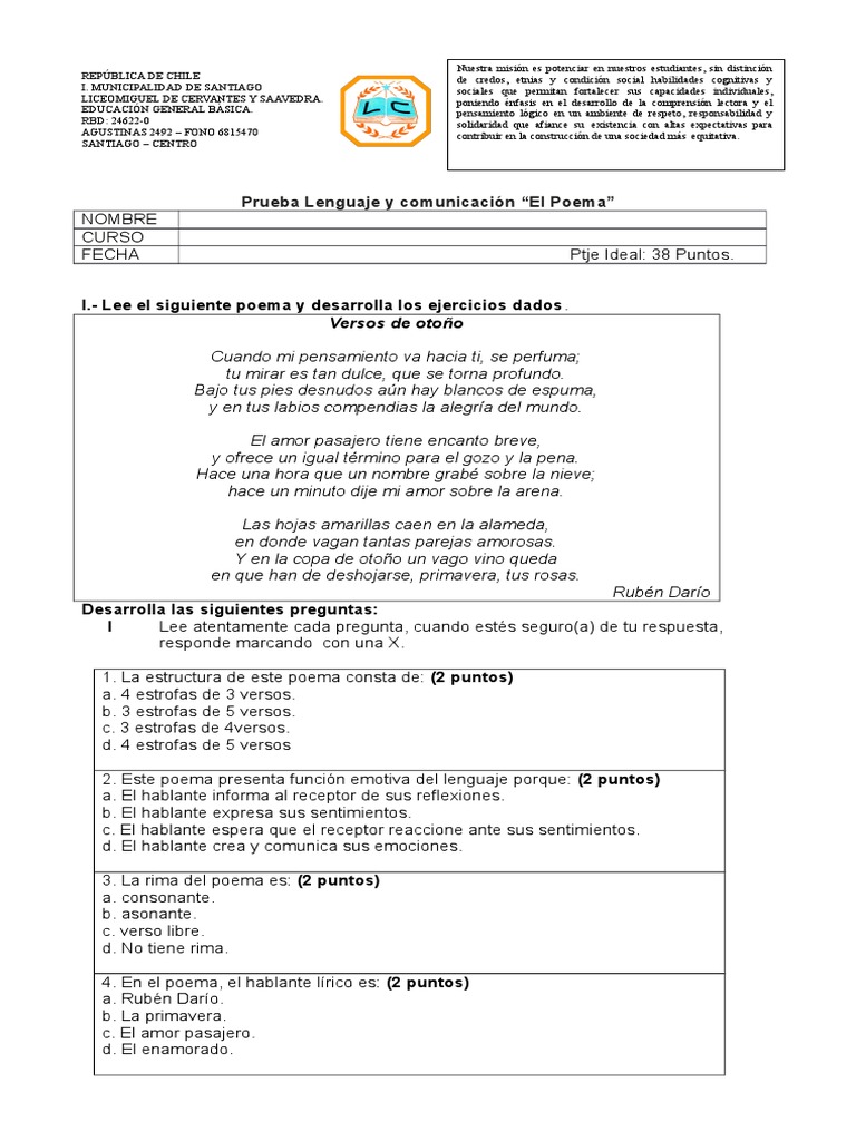 Prueba de Lenguaje: Análisis de Poemas | PDF | Poesía | Rima