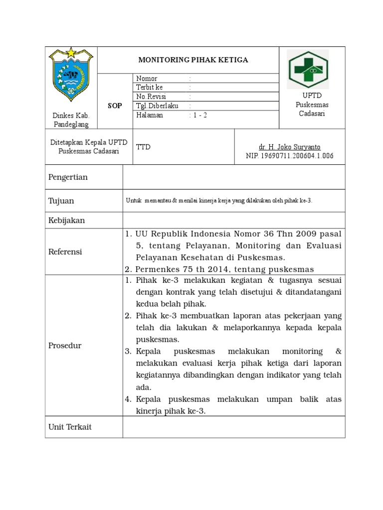 SOP Monitoring Kinerja Pihak Ketiga | PDF