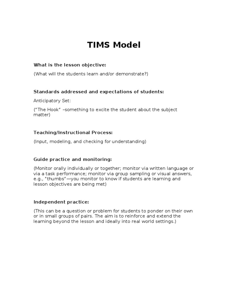 TIMS Model for Effective Lesson Planning | PDF | Career & Growth