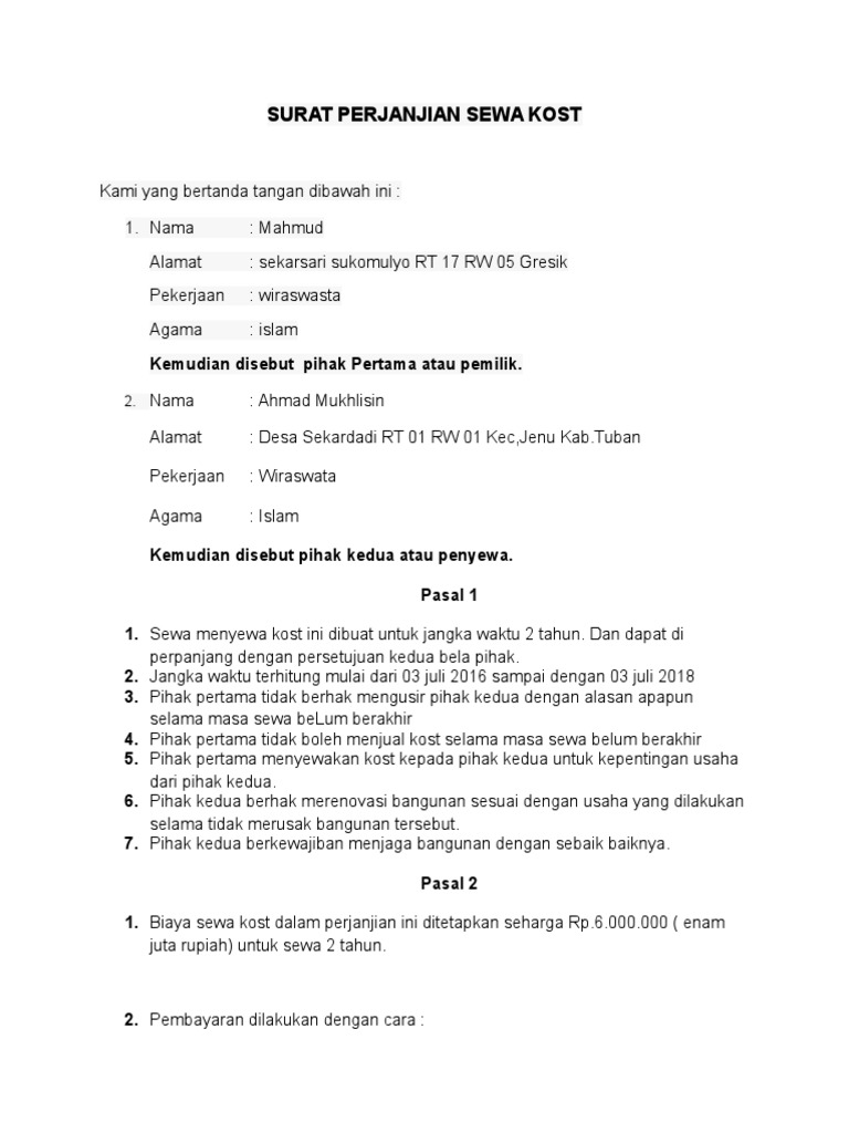 Surat Perjanjian Sewa Kost | PDF