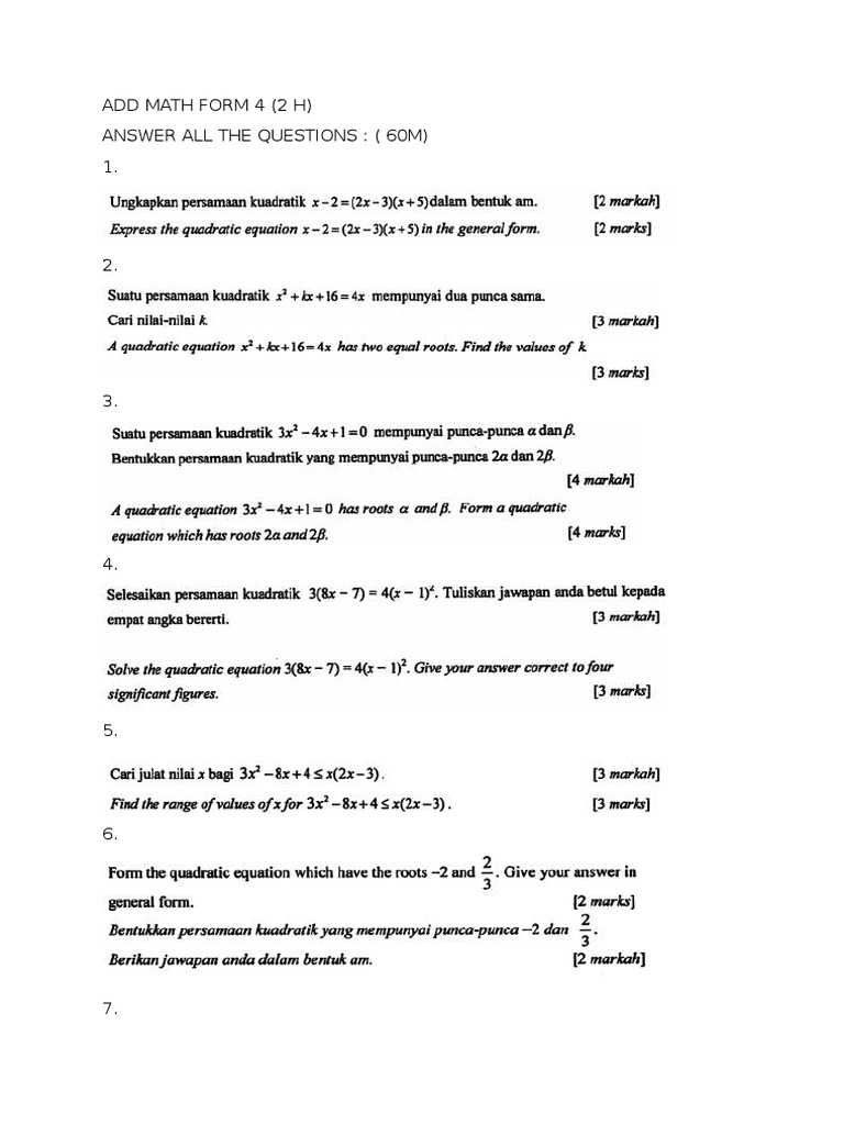Add Math Form 4 (2 H) Answer All The Questions: (60M) 1 | PDF