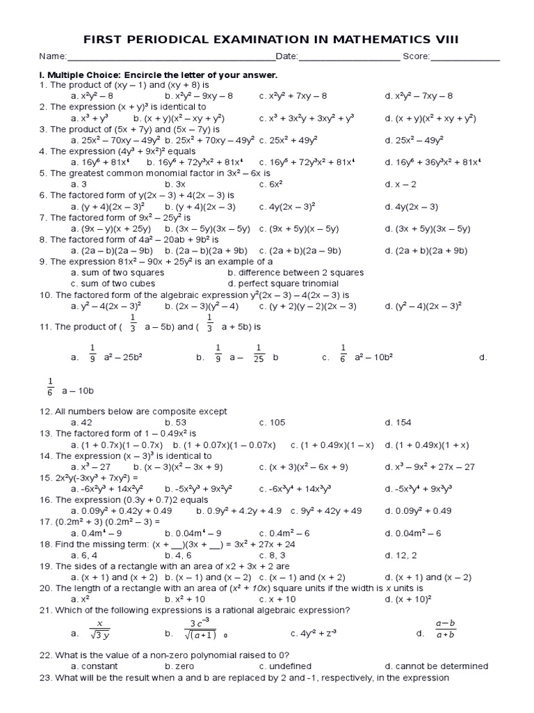 Math 8 First PT | PDF | Abstract Algebra | Teaching Mathematics