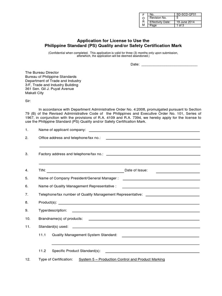 SD-SCD-QF01 Application For PS (FORM) - 19june2014 | PDF | Quality ...