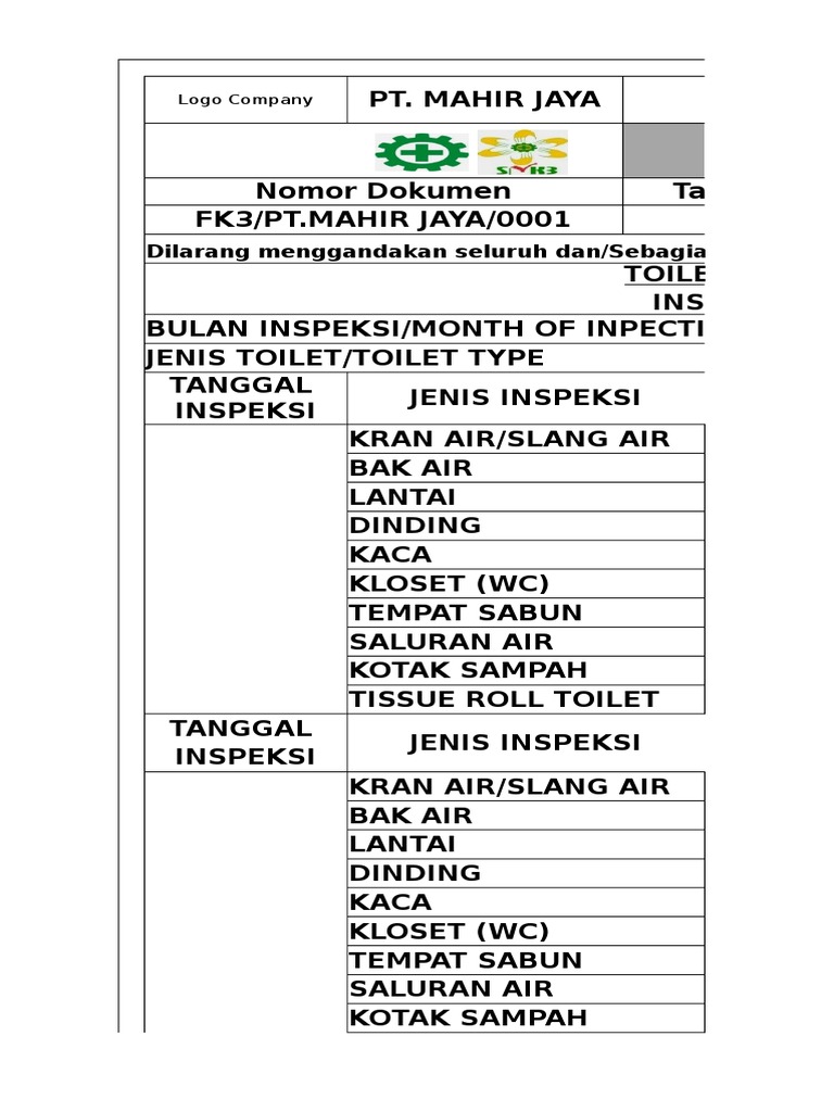 Formulir Smk3 Inspeksi Toilet | PDF