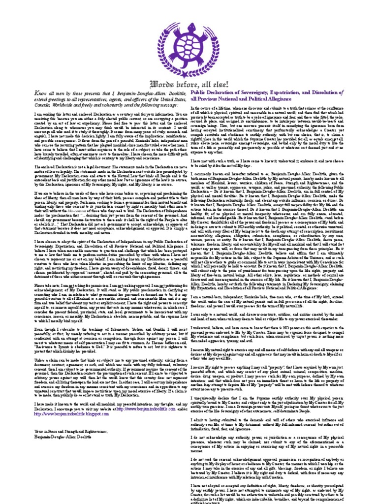 Public Declaration of Sovereignty, Expatriation... | Sovereignty | Liberty