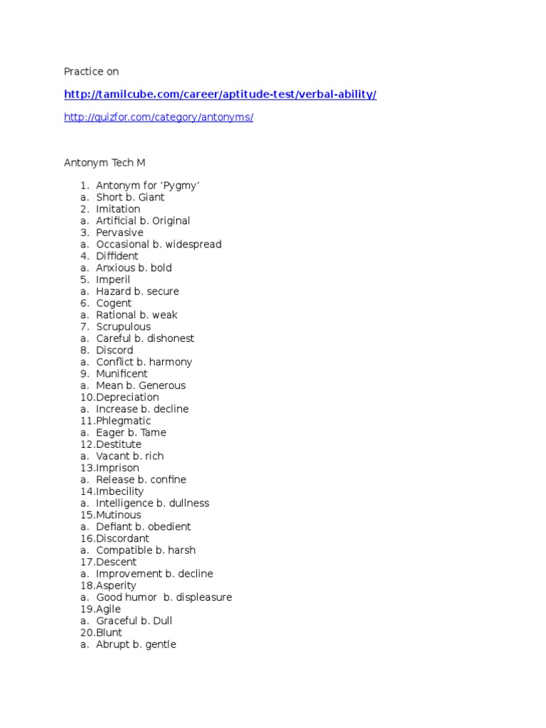 Tech Mahindra Antonyms and Questions | PDF | Wisdom | Reason