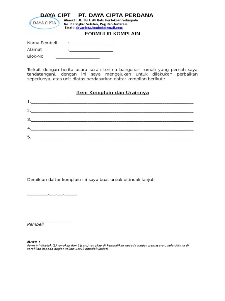 Formulir Komplain | PDF