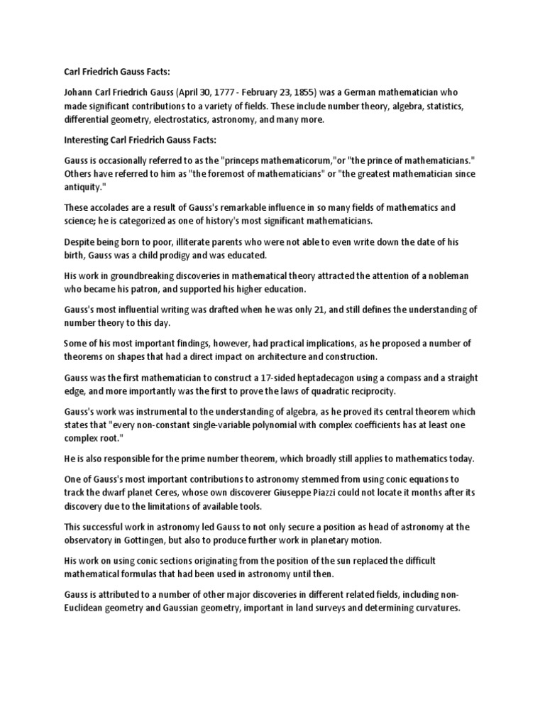 Carl Friedrich Gauss Facts | PDF | Algebra | Abstract Algebra