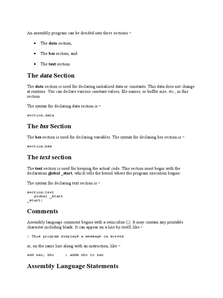 An Assembly Program Can Be Divided Into Three Sections | PDF | Assembly Language | Software ...