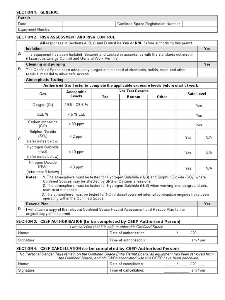 Confined Space Entry Permit - Draft | PDF