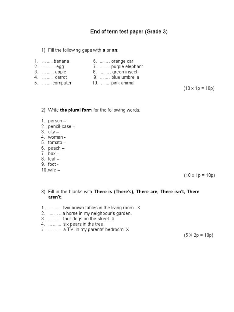 End of Term Test Paper (Grade 3) : Aren't | PDF