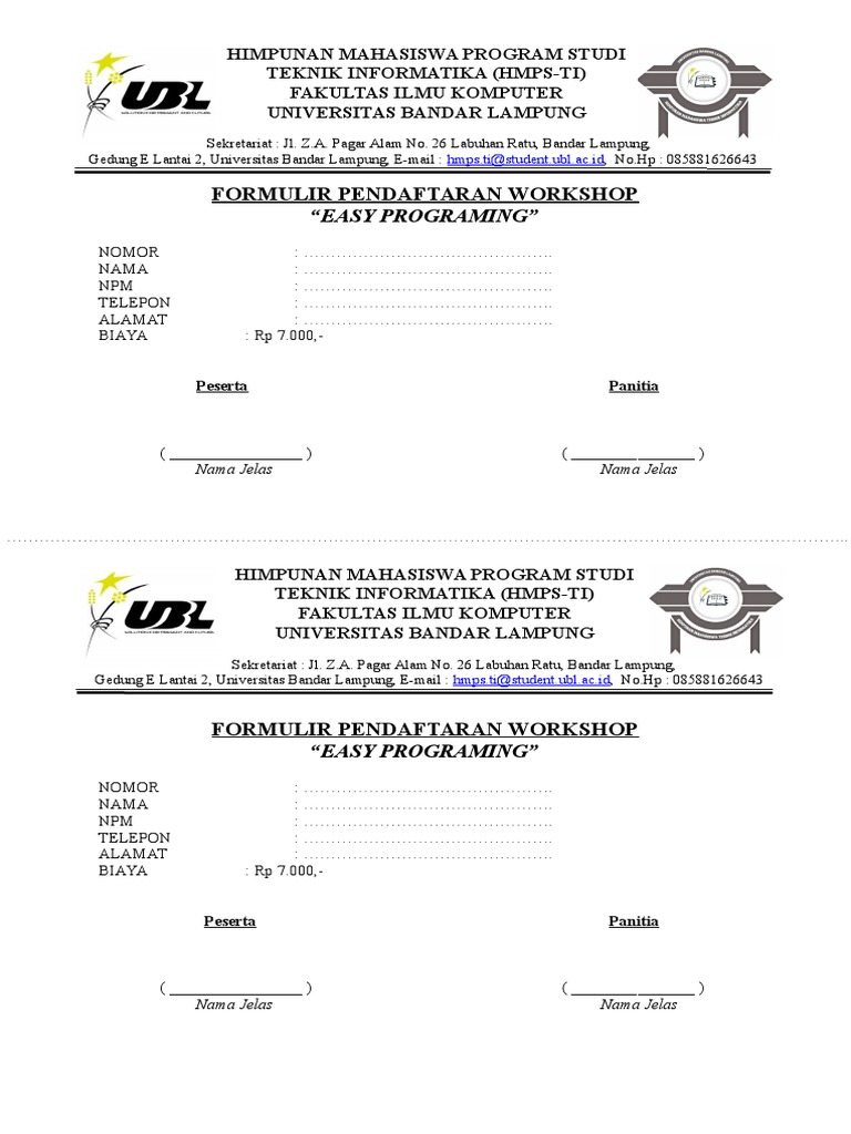 Contoh Formulir Pendaftaran Workshop | PDF
