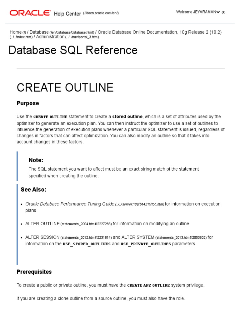 Database SQL Reference Create Outline: Purpose | PDF | Database Schema ...