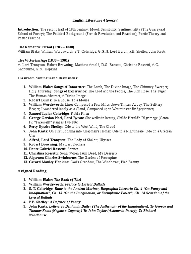 Course of Romantic and Victorian Poetry | PDF | Classics