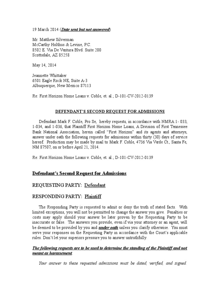 Defendant's Second Request For Admissions | PDF | Common Law | Government