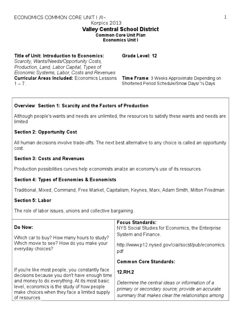 Economics Unit Plan: Scarcity & Choices | PDF | Economics | Factors Of ...