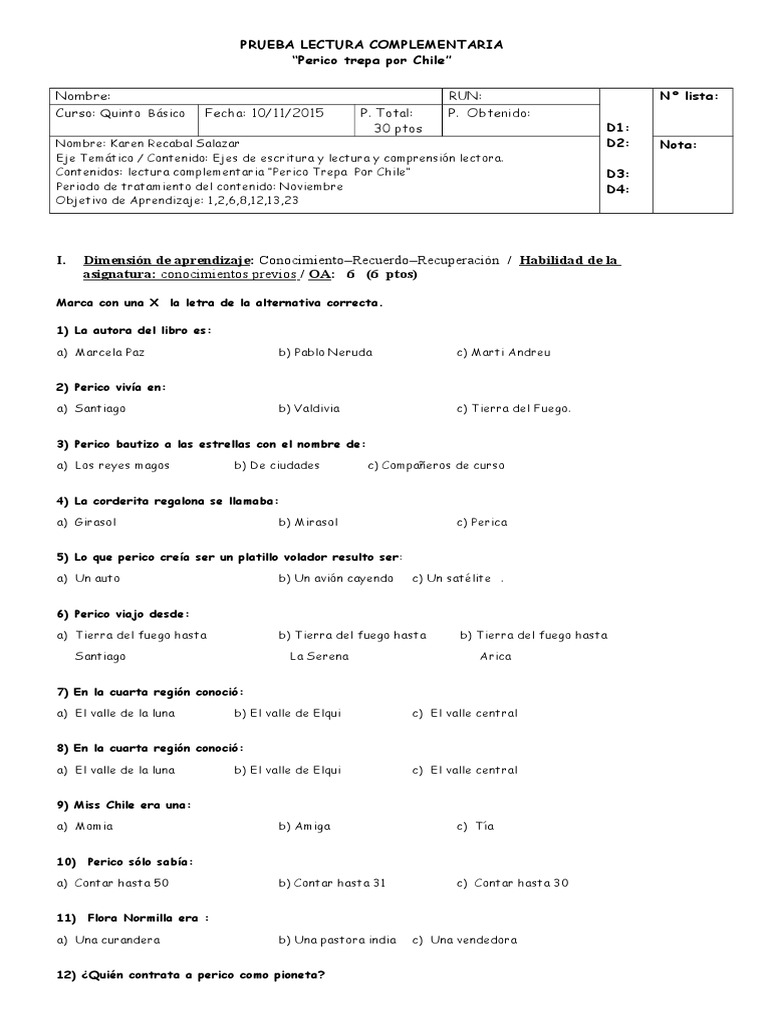 Prueba Perico Trepa Por Chile | PDF | Educación avanzada