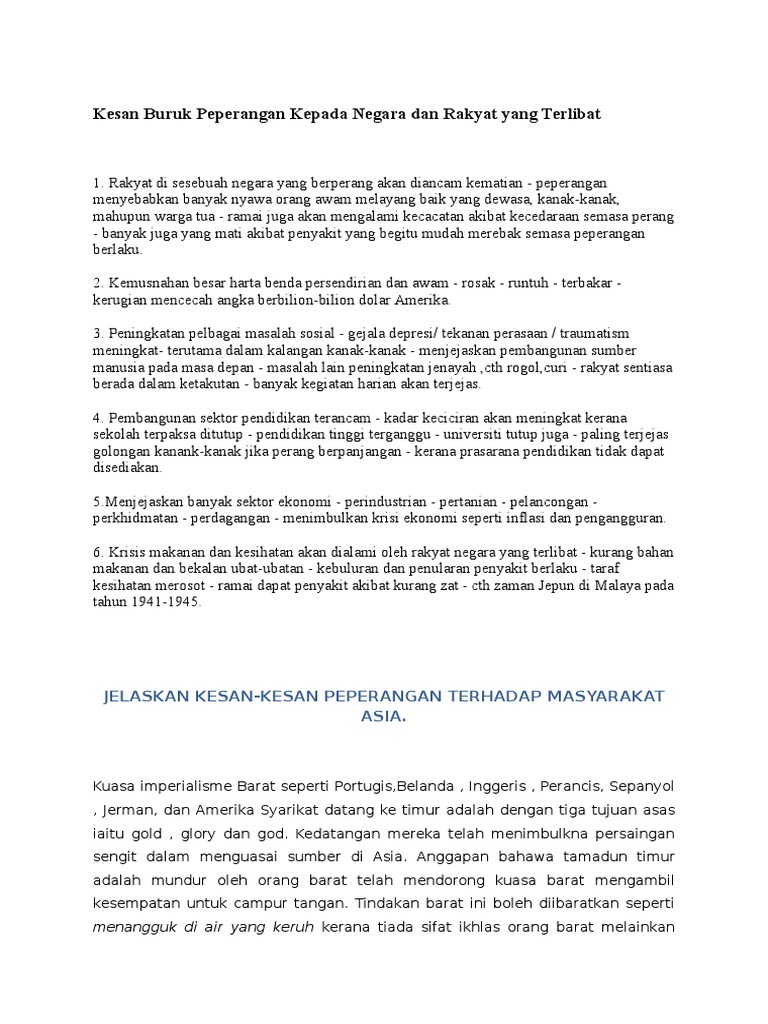 Kesan Buruk Peperangan Kepada Negara Dan Rakyat Yang Terlibat | PDF