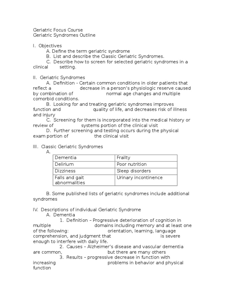 Geriatric Syndromes Overview and Screening | PDF | Geriatrics | Dementia