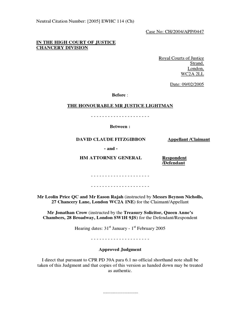 Lightman of the High Court-Chancery Division-Fitzgibbon v Hm AG | The ...