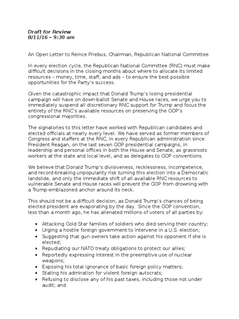 Draft Letter To The RNC | PDF | Republican National Committee | Reince ...