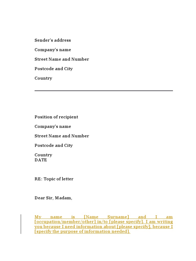 Sender's Address Company's Name Street Name and Number Postcode and ...