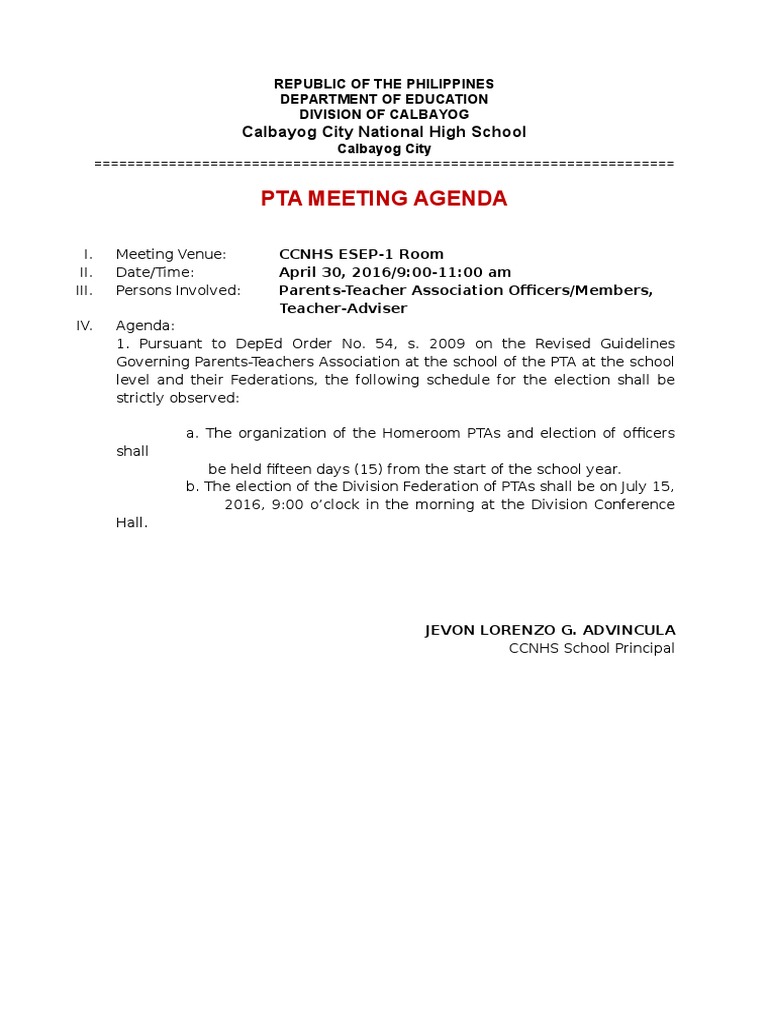 Pta Meeting Agenda: Calbayog City National High School | PDF