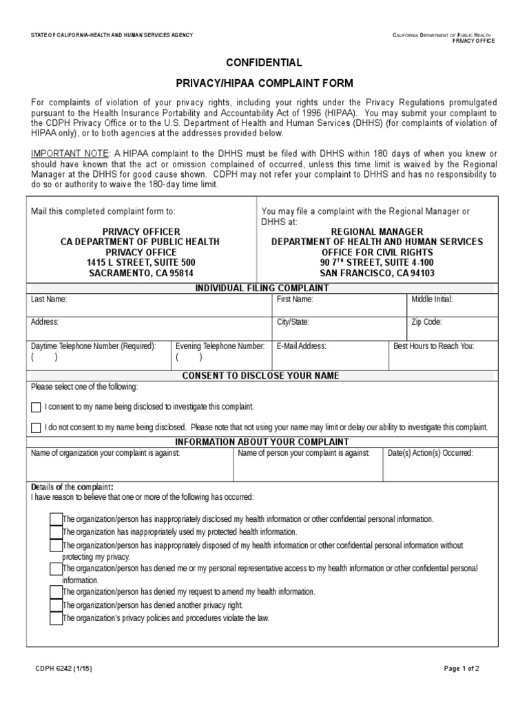 Confidential Privacy/Hipaa Complaint Form: State of California-Health ...