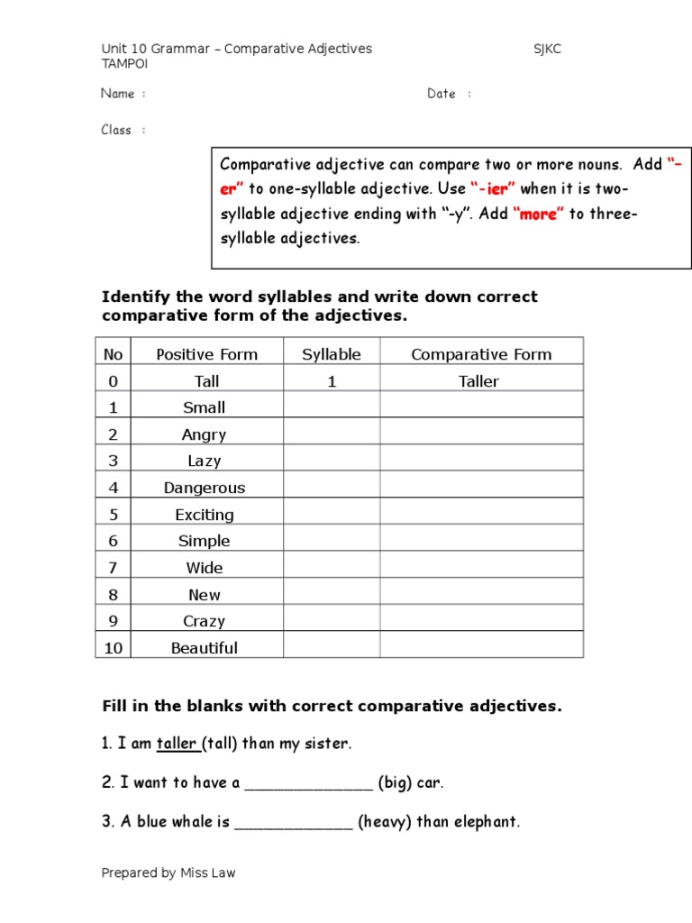 Er" "-Ier" "More": Identify The Word Syllables and Write Down Correct Comparative Form of The ...