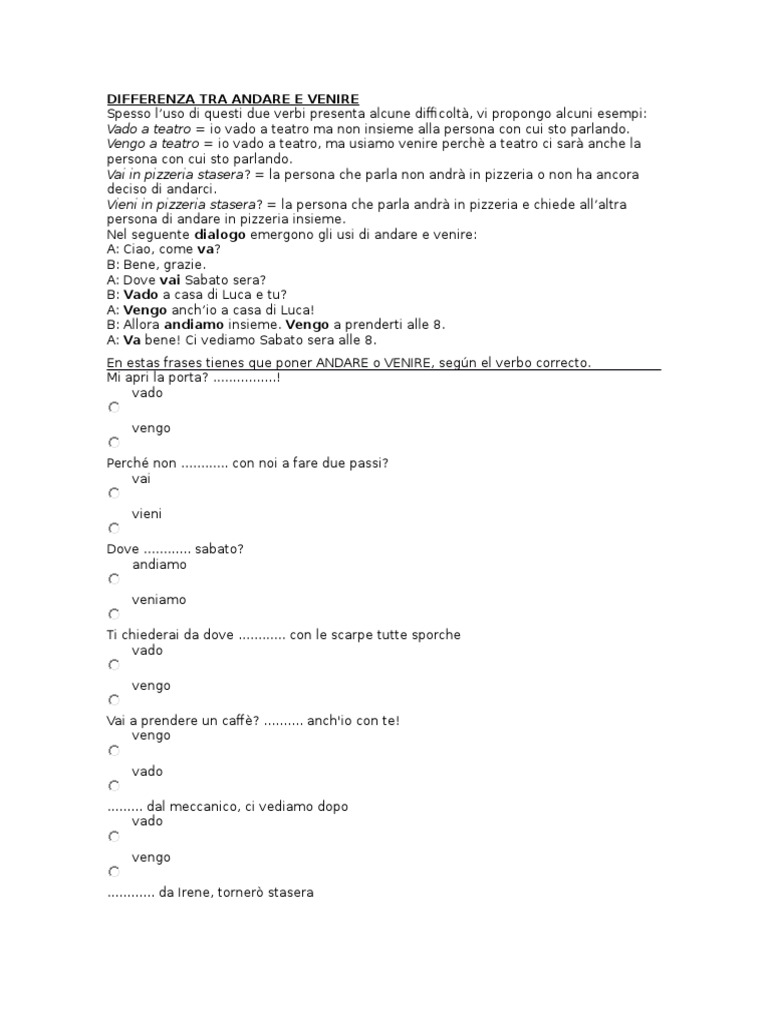 Andare o Venire (Esercizi)