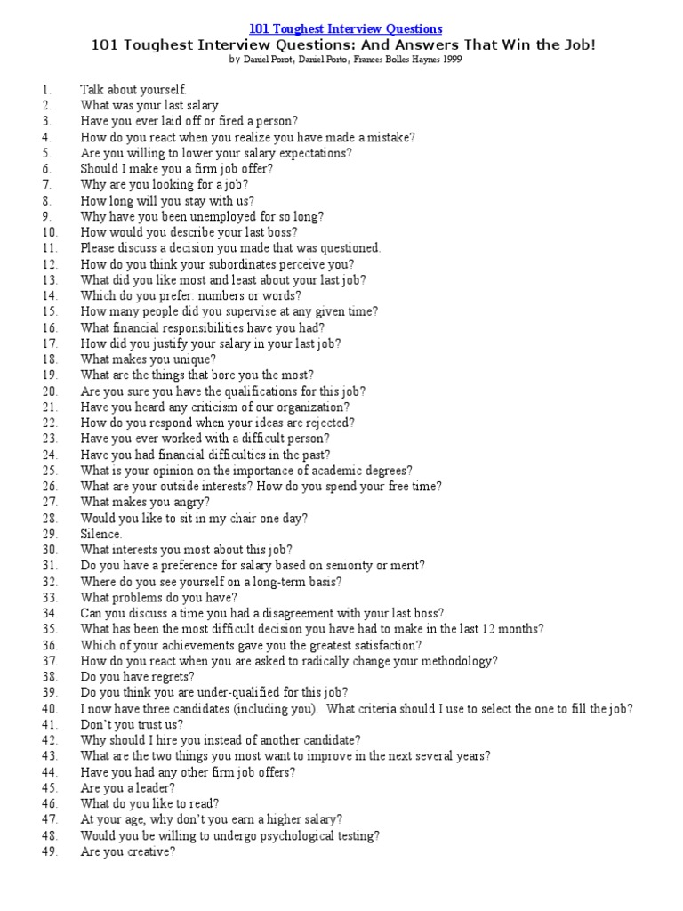 101 Toughest Interview Questions: and Answers That Win The Job! | PDF ...
