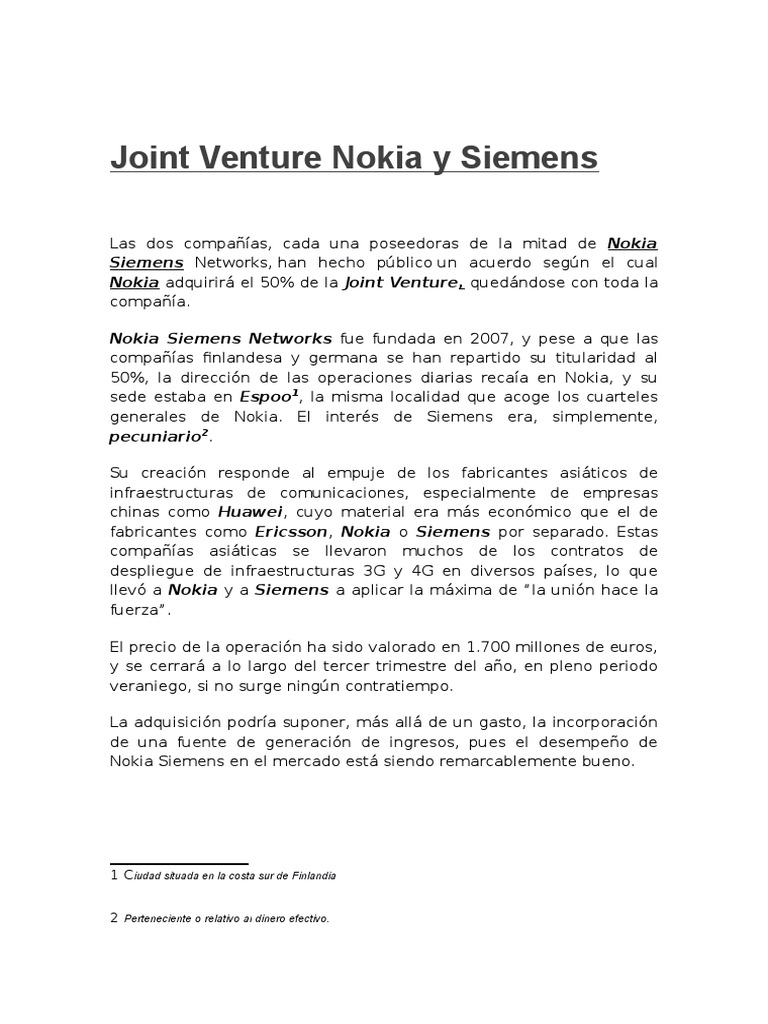 Adquisición de Nokia en Joint Venture con Siemens | PDF | Nokia ...