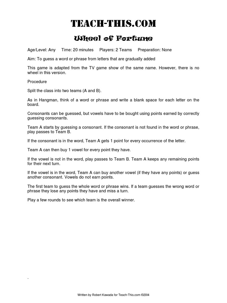 Classroom Wheel of Fortune Game Rules | PDF | Language Arts & Discipline