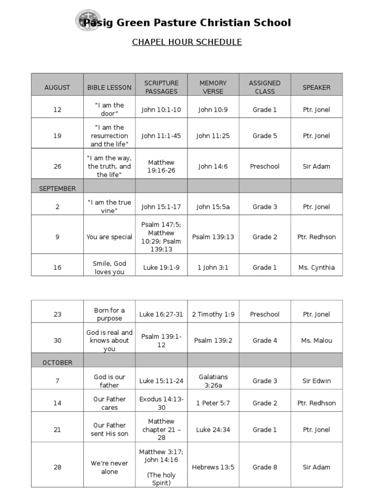 Pasig Green Pasture Christian School: Chapel Hour Schedule | PDF
